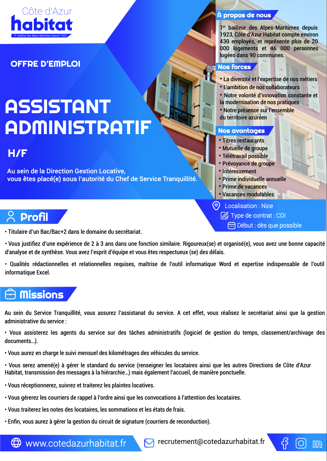Offre d'emploi : Assistant administratif (H/F) | Côte d'azur Habitat